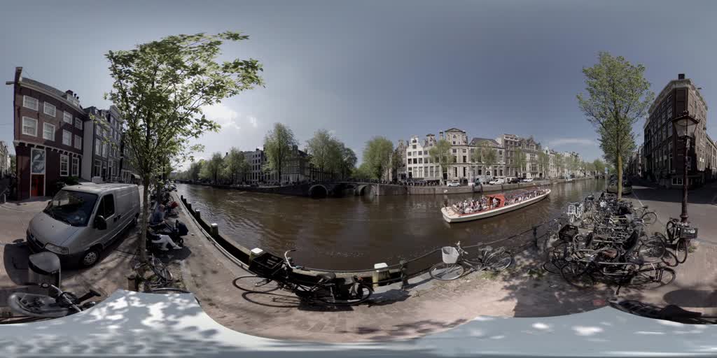 360VR video boat sail in canal, bridges, buildings, in Amsterdam ...