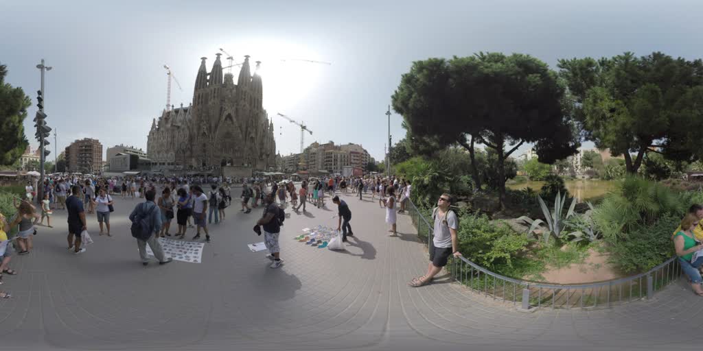 360 VR Crowd of people on the street with Sagrada Familia, Barcelona ...