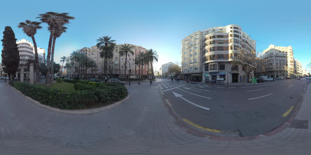 360 VR Street view in Valencia, Spain. City architecture and traffic on ...