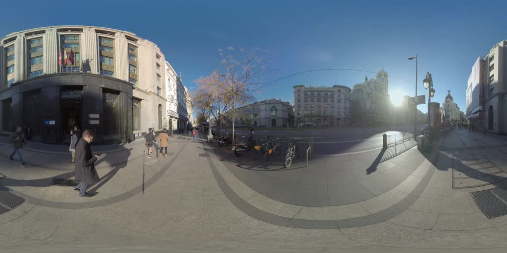 360 VR Madrid view with lively Alcala street and Metropolis building ...