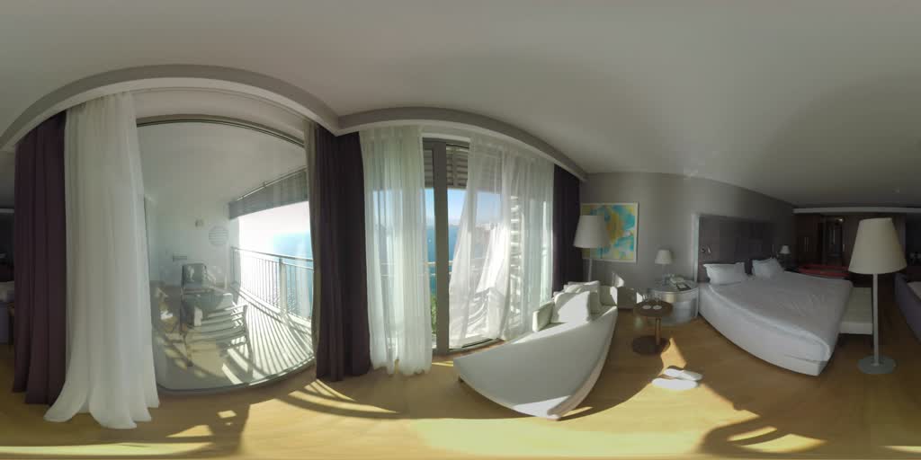 360 VR Interior of hotel room overlooking the sea. Holiday in Antalya ...